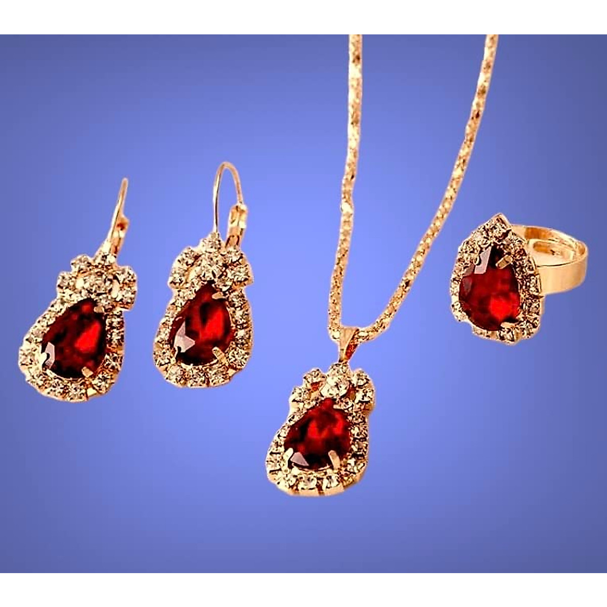 EONLINE Fashion Gemstone Claw Chain Diamond Necklace Earrings Ring Three Piece Jewelry Sets (Red Gemstone)
