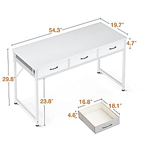 ODK 55 Inch Computer Desk with 3 Fabric Drawer, Home Office Desk Modern Work Writing Study Desk, White