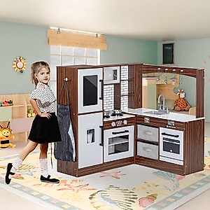 BRINJOY Corner Play Kitchen for Kids, Wooden Toddler Kitchen Playset w/Faucet, Sink, Microwave, Oven, Apron, Blackboard, Storage Cabinets, Pretend Cooking Toys w/Sound & Light Gift for Ages 3+