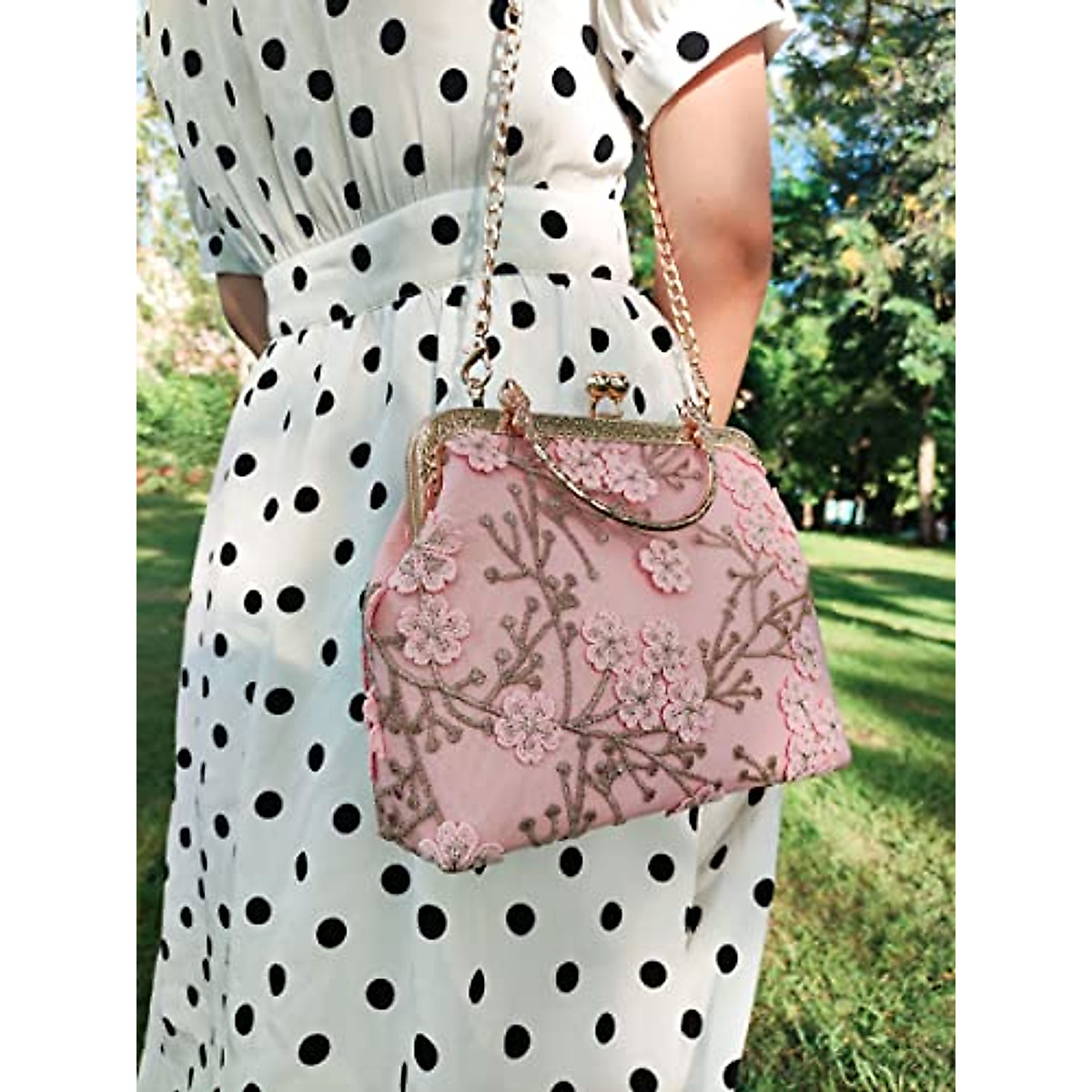 Rejolly Women Vintage Kiss Lock Clutch Handbag Floral Evening Purse Crossbody Shoulder Bag with Chain Strap (Pink)