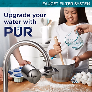 PUR PLUS Horizontal Faucet Mount Water Filtration System, 3-in-1 Lead Reducing Filter for Great-Tasting Filtered Tap Water, Lasts 100 Gallons, Fits Most Kitchen or Bathroom Faucets, Stainless Steel