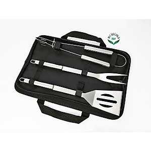 NewlineNY Stainless Steel BBQ Grill Tool Kit 3 PCS Set : Tong, Meat Fork, Spatula + Black Carrying Bag for Picnic Camping Travel Cooking Grilling