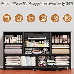 Furnulem Dresser TV Stand with Power Outlet for 55'' Long TV, Entertainment Center with 8 Deep Drawers,Wide Chest of Drawer for Storage in Bedroom,Closet,Living Room,Hallway(Black Oak)