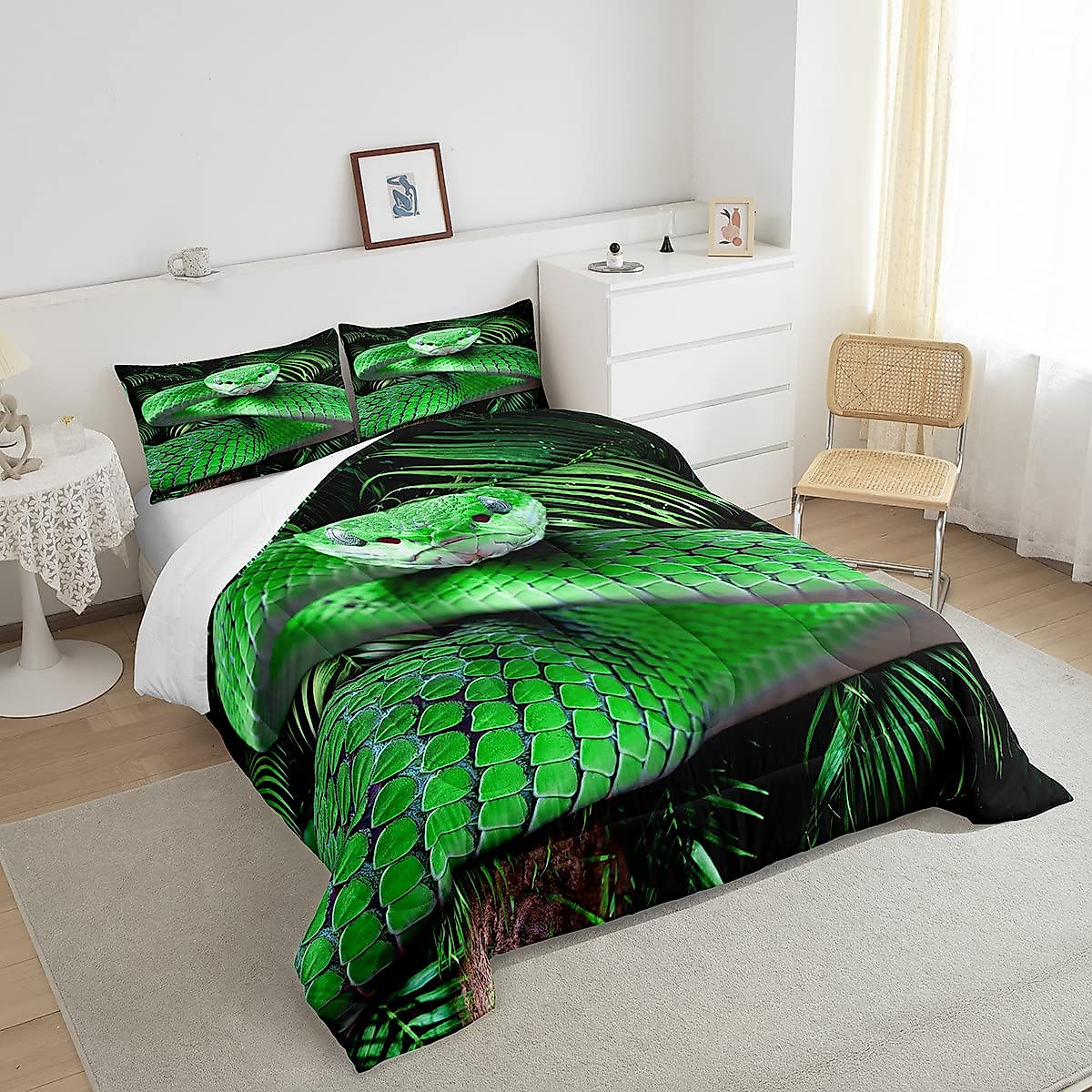 Snake Comforter Set Twin, Green Snake Duvet Insert, 3D Reptile Bedding Comforters, Green Scales Wild Animal Quilt Set Rainforest Palm Leaf Stylish Quilted Duvet For Kids Boys Teens Man Bedroom Decor