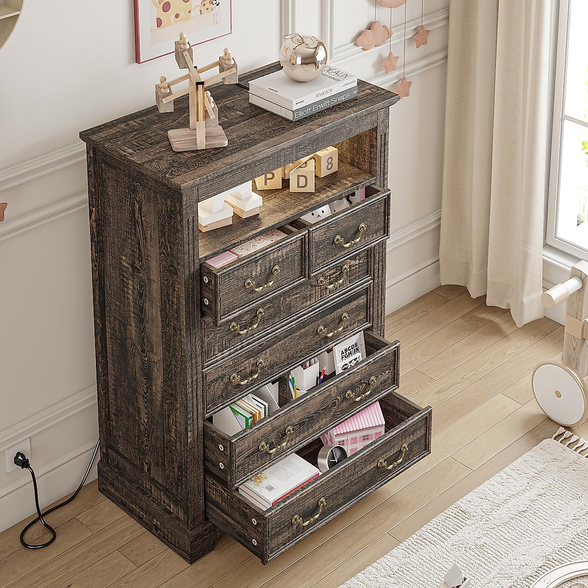 EnHomee Farmhouse 6 Drawer Dresser for Bedroom LED Light & Power Outlets, 48" H Solid Wood Dressers & Chests of Drawers with Natural Texture, Tall Dressers for Bedroom, Hallway (Dark Rustic Oak)