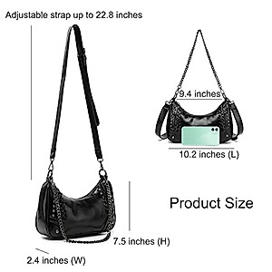 Women Black Shoulder Bag with Chain Strap, Classic Hobo Crossbody Purse Small Studded Shoulder Handbag Clutch Purse