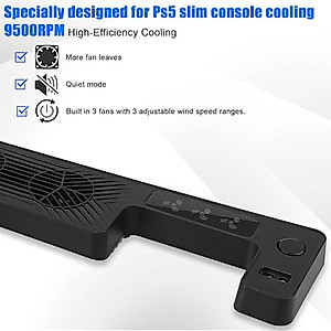 PS5 Slim Cooling Fan, SIKEMAY New PlayStation 5 Slim Console Accessories Cooler with USB Port and 3 Adjustable Quiet 9500-Speed Fans, Cool LED Light for PS5 Slim Digital/Disc Edition System (Black)