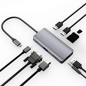 USB C Type C 9 in 1 Hub to HDMI + VGA Output, 2 USB3.0Ports,SD/TF Card Reader,1000Mbps Network Adapter, Audio Port with PD3.0(100W) Charge