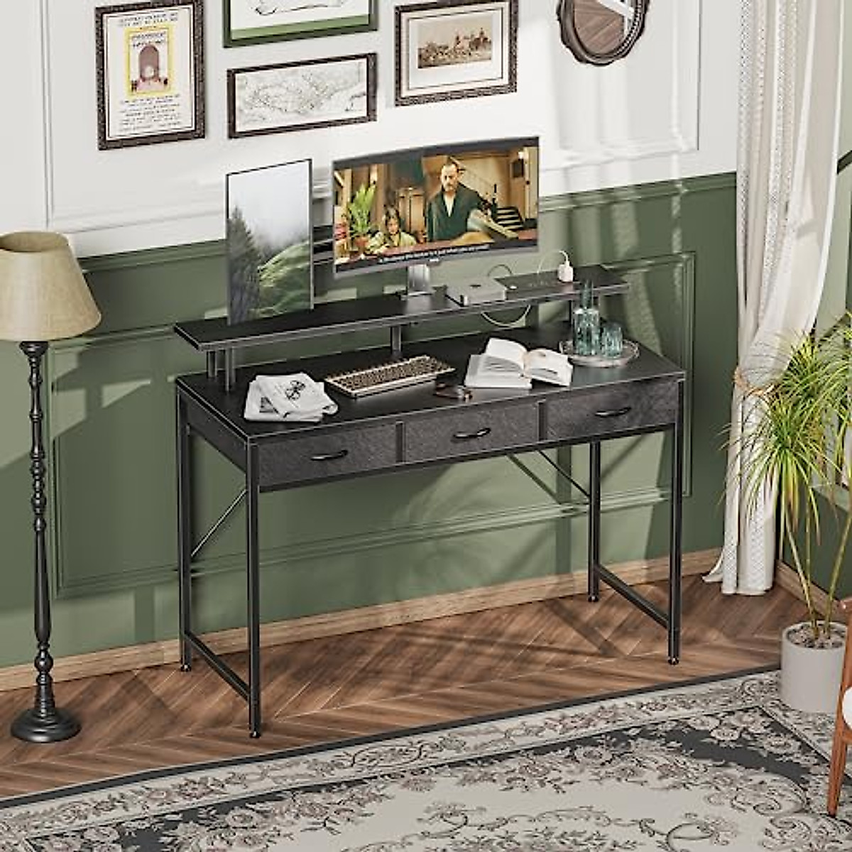 Huuger 47 inch Computer Desk with 3 Drawers, Office Desk Gaming Desk with LED Lights & Power Outlets, Home Office Desks with Storage Space for Bedroom, Work from Home, Black