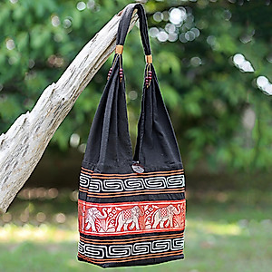 NOVICA Artisan Handmade Cotton Blend Shoulder Bag Black Vermilion from Thailand Wood Handbags Orange Gold Tone Embroidered Animal Themed Elephant ' Thai Elephants in Vermilion'