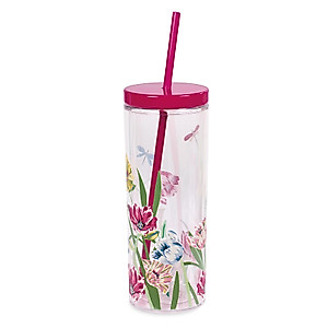 Kate Spade New York Acrylic Tumbler with Lid and Straw, 24 oz Tumbler, Slim Double Wall Tumbler, Dragonfly Tulip