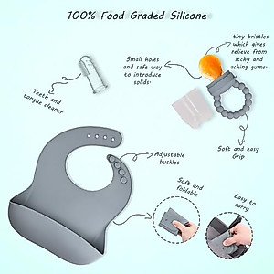 Silicone Baby Feeding Set -16 piece Baby Led Wearing Supplies with Suction plates for toddlers, bowls, Baby Utensils, Snack Cup, Sippy Cups, Toddler Utensils items Gray 6+ Months essentials must have.