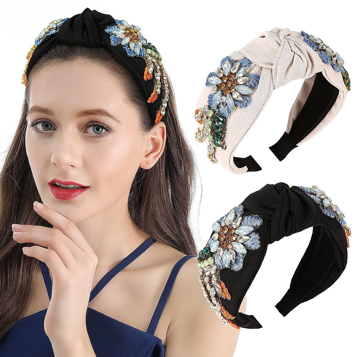 QIANXUAN Rhinestone Crystal Headband For Women Handmade Jewelry Girls Hair Accessories Diamond Fashion Headbands Girl Handmade Beaded Glitter Flower Hairbands