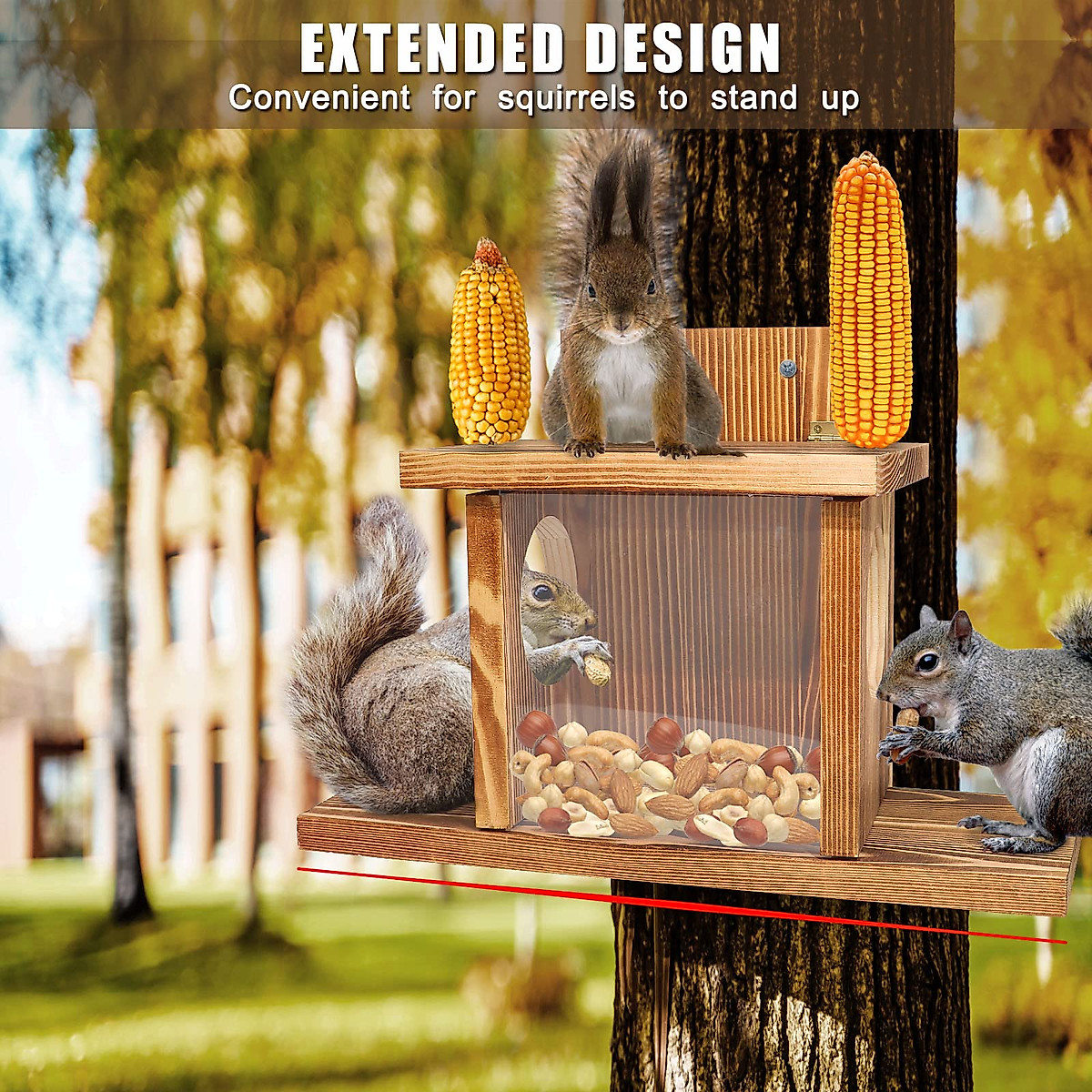 ANSTEEP Carbonized Wood Squirrel Feeder, Squirrel Feeders for Outside Winter, Durable Squrrill House Box Easy to Fill with Removable Front Panel, Wooden Chipmunk Feeder for Corn, Peanuts…