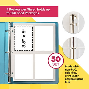 Seed Storage Organizer - Seed Organizer (3.5 x 5" Pockets - 50 Sheets - 8.5 x 11") - Garden Seed Organizer - Seed Packet Organizer - 4 Pocket Sheet Protectors for 3 Ring Binder