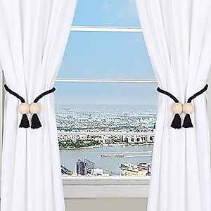 OCIOLI 2 Pack Strong Magnetic Curtain Tiebacks Black Curtain Holdbacks Outdoor Curtain Tiebacks Cotton Hand Woven Tie Backs Curtain Drapery Holdbacks Curtain Ties for Drapes (Black - Ball, 2)