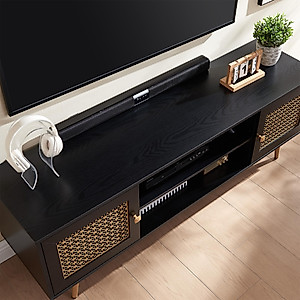JYED DECOR Mid Century Modern TV Stand for 65 inch TV, Entertainment Center with Storage, Metal Mesh Decorated Cabinet Doors for Living Room, Black