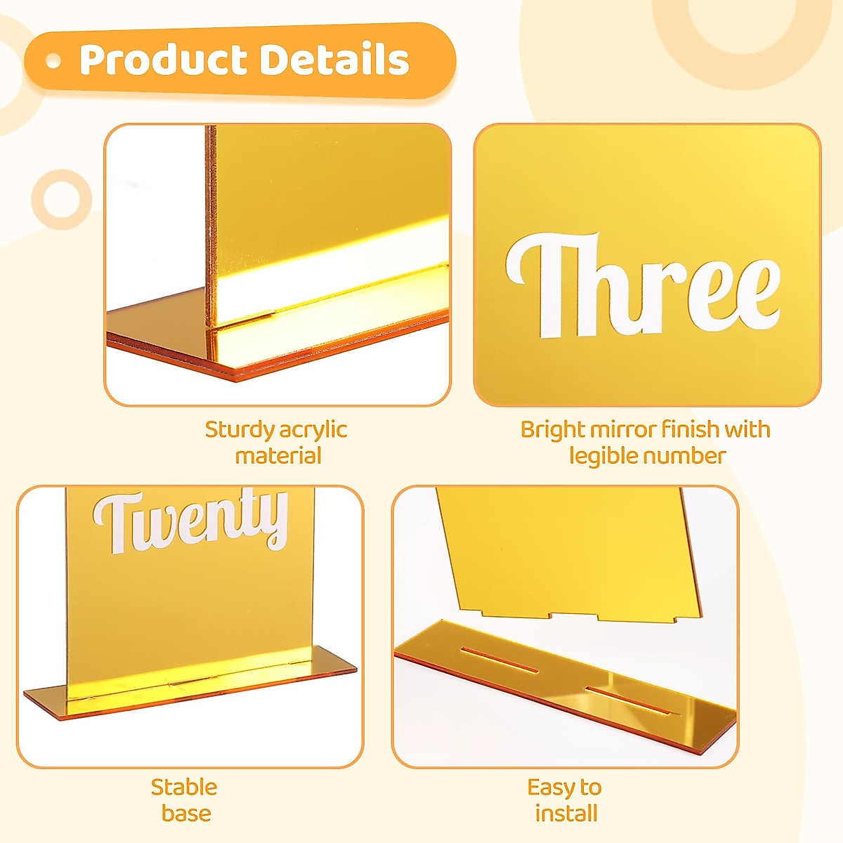 20 Pack Wedding Table Numbers with Stands 1-20, 4.7 X 5.6 Inch Gold Arched Mirrored Table Signs Number Display Stand for Wedding Reception Event Restaurant Decoration