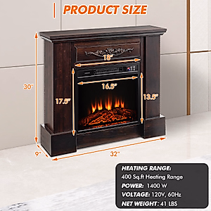 Tangkula 32’’Electric Fireplace with Mantle, Freestanding Fireplace Heater w/ 3D Realistic & Adjustable Flame, Remote Control, Overheat Protection, 1400 W Wooden Fireplace Mantel for Home (Brown)