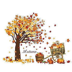 Fall Thanksgiving Wall Sticker Maple Leaves Wall Decals Autumn Harvest Pumpkins Wall Sticker Cute Animals Wall Art Decor for Thanksgiving Party Living Room