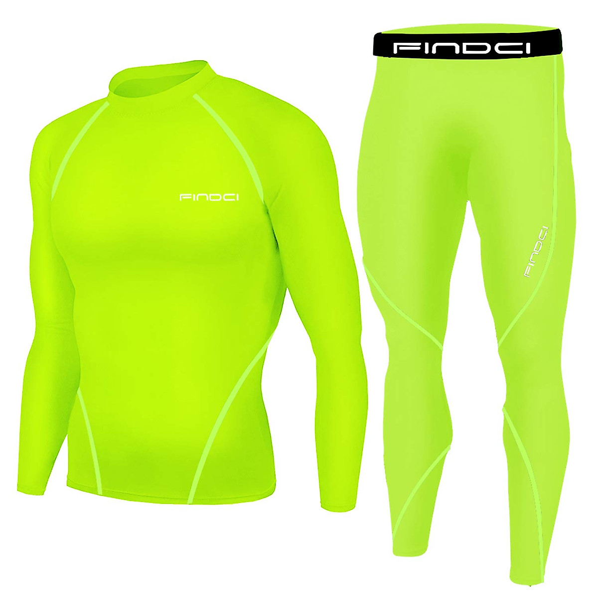 1Bests Men's Sports Running Set Compression Shirt + Pants Skin-Tight Long Sleeves Quick Dry Fitness Tracksuit Gym Yoga Suits (New Green, L)