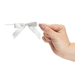 100 Pack Silver Satin Twist Tie Bows for Crafts, Gift Wrapping, Party Favor Bags, Baked Goods (3 In)