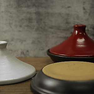 MYYINGBIN 10.2 Inches Moroccan Tagine Clay Casserole Slow Cooker Non-Porous Cone Lid Suitable for 2-5 People, Red