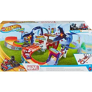 Hot Wheels Toy Car Track Set, RacerVerse Spider-Man’s Web-Slinging Speedway, Competitive Race with 2 Die-Cast Vehicles: Spider-Man & Black Panther