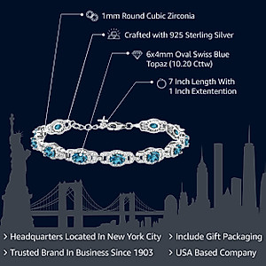 Gem Stone King 925 Sterling Silver London Blue Topaz Tennis Bracelet For Women (10.20 Cttw, Gemstone Birthstone, Oval 6X4MM, 7 Inch With 1 Inch Extender)