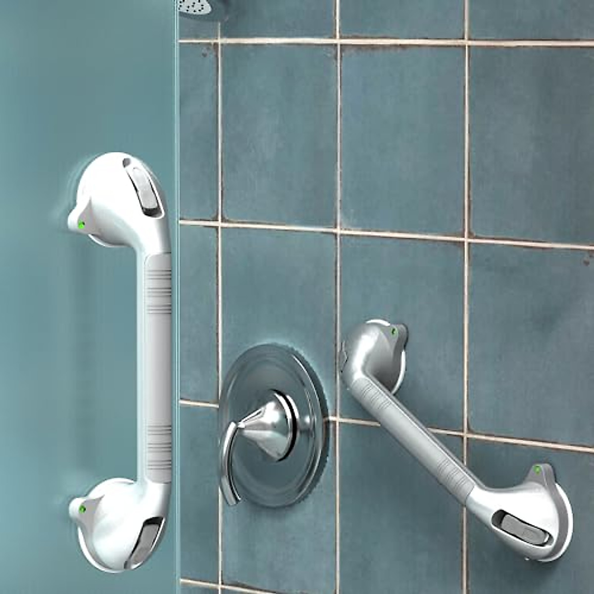 AquaChase 17“ Suction Shower Grab Bar with Indicators, Tool-Free Installation, Steady Handle for Balance Assist for Bathtub, Toilet, Bathroom, Dual Tone, Silver/Gray 2-Pack