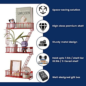 KOTIJOKI Fire Escape Wall Shelf - New York Metal Decorative Shelf with Screwdriver & Screws, Rustic Wall Shelves for Bedroom, Home Décor, Action Figure Display (3-Tier Red Floating Shelves)