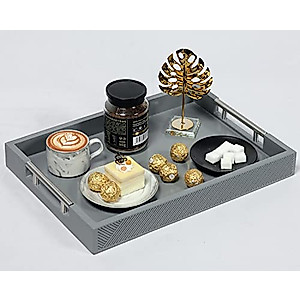 Serving Tray with Polished Metal Handles, 16.5''x12'' Rectangle Coffee Table Tray, Modern Decorative Tray, Large Ottoman Tray, Perfect for Storage and Display (Grey)