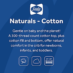 Sealy Baby Naturals Cotton Fitted Ultra Absorbent Infant Crib Mattress Protector Pad and Toddler Bed Cover, Durable and Comfortable Topper, Machine Washable and Dryer Friendly, 52” x 28”- White
