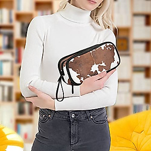 TSENQUE Brown Cow Print Pencil Case Big Capacity 3 Compartments Pencil Bag Large Storage Pen Box Pouch for College School Office