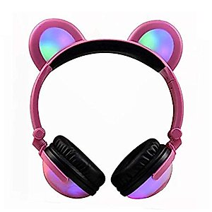 Winnes Bear Ear Bluetooth Headphones,Cat Ear Headphones Foldable Gaming Headsets Earphone with LED Flash Light for iOS Android Mobile Phone Tablet (Pink)