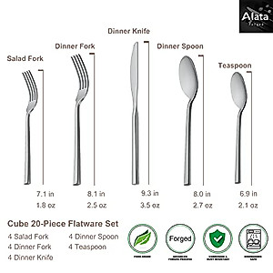Alata Cube 20-Piece Forged Stainless Steel Flatware Set Cutlery Set,Silverware Set Service for 4,Mirror Finish,Dishwasher Safe