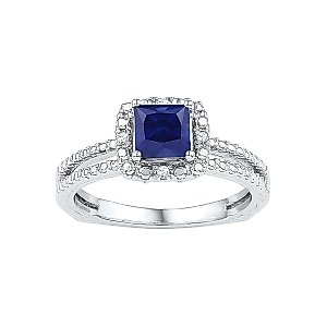 Size - 7 - Solid 925 Sterling Silver Princess Cut Round Blue Simulated Sapphire And White Diamond Engagement Ring OR Fashion Band Prong Set Solitaire Shaped Halo Ring (.03 cttw)