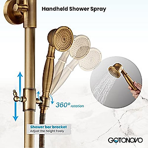 gotonovo Antique Brass Bathroom Shower Faucet Set Shower Fixture 8 Inch Rainfall Shower Head Handheld Shower Cross Handle
