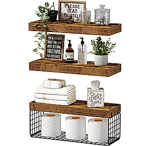 QEEIG Bathroom Shelves Over Toilet Wall Mounted Floating Shelves Farmhouse Shelf Toilet Paper Holder Small 16 inch Set of 3, Rustic Brown