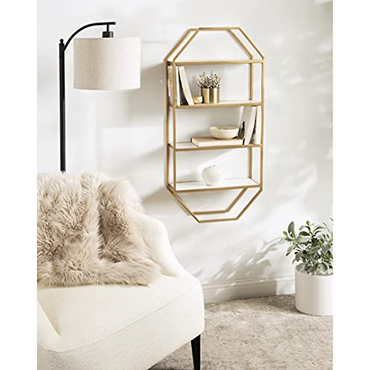 Kate and Laurel Adela Modern Octagon Wall Shelf, 18.25 x 7.5 x 41, White and Gold, Glam 4-Tier Shelf for Storage and Display