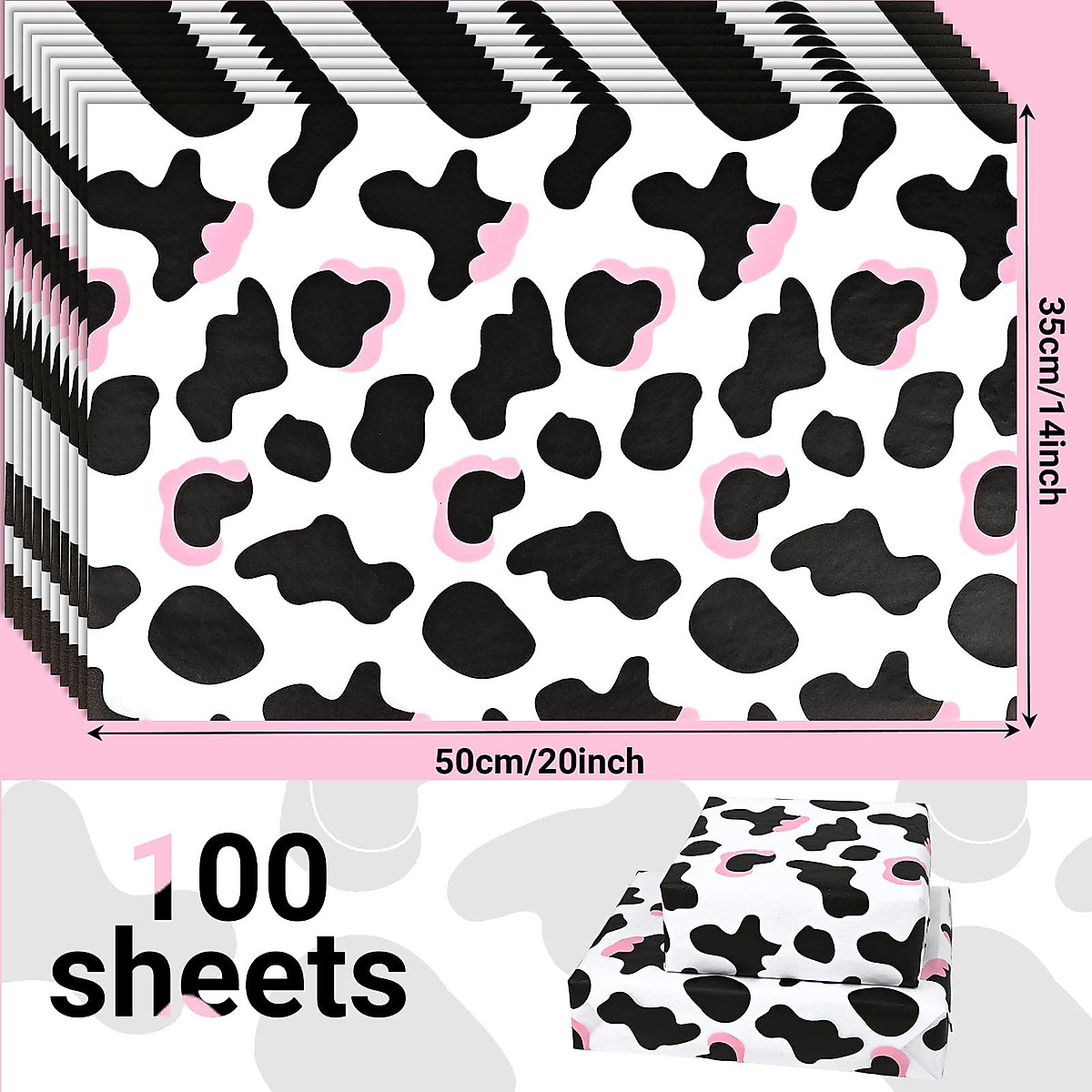 100 Sheets 20 x 14 Inch Pink Cow Girl Tissue Paper for Gift Bags, Pink Black Cow Print Gift Wrap Tissue Paper for Birthday, Baby Shower, Cow Theme Western Party DIY Craft