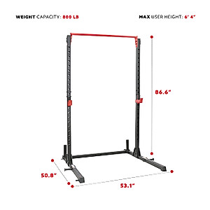 Sunny Health & Fitness Essential Adjustable Power Rack Squat Stand With J-Hooks, Adjustable Pull Up Bar, Weight Plate Holders, Resistance Band Posts Optional Incline Bench, LAT Pull Down Attachment