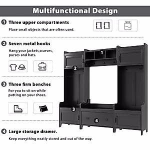 CKLMMC Modern Entryway Coat Hanger, 4-in-1 Multiple Functions Hall Tree with a Storage Bench, 7 Metal Black Hooks, and 4 Storage Cabinets (Black@4-in-1*)