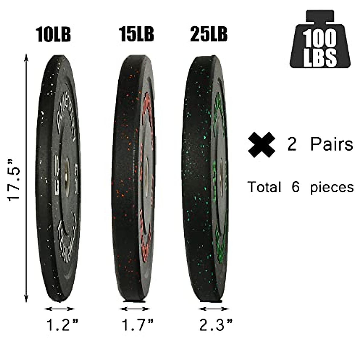 Powenergy Bumper Plate, 100 Lbs High Bounce Olympic Weight Plate Set with Colored Fleck-Rubber for Weight Lifting and Strength Training, Fits 2" Barbells