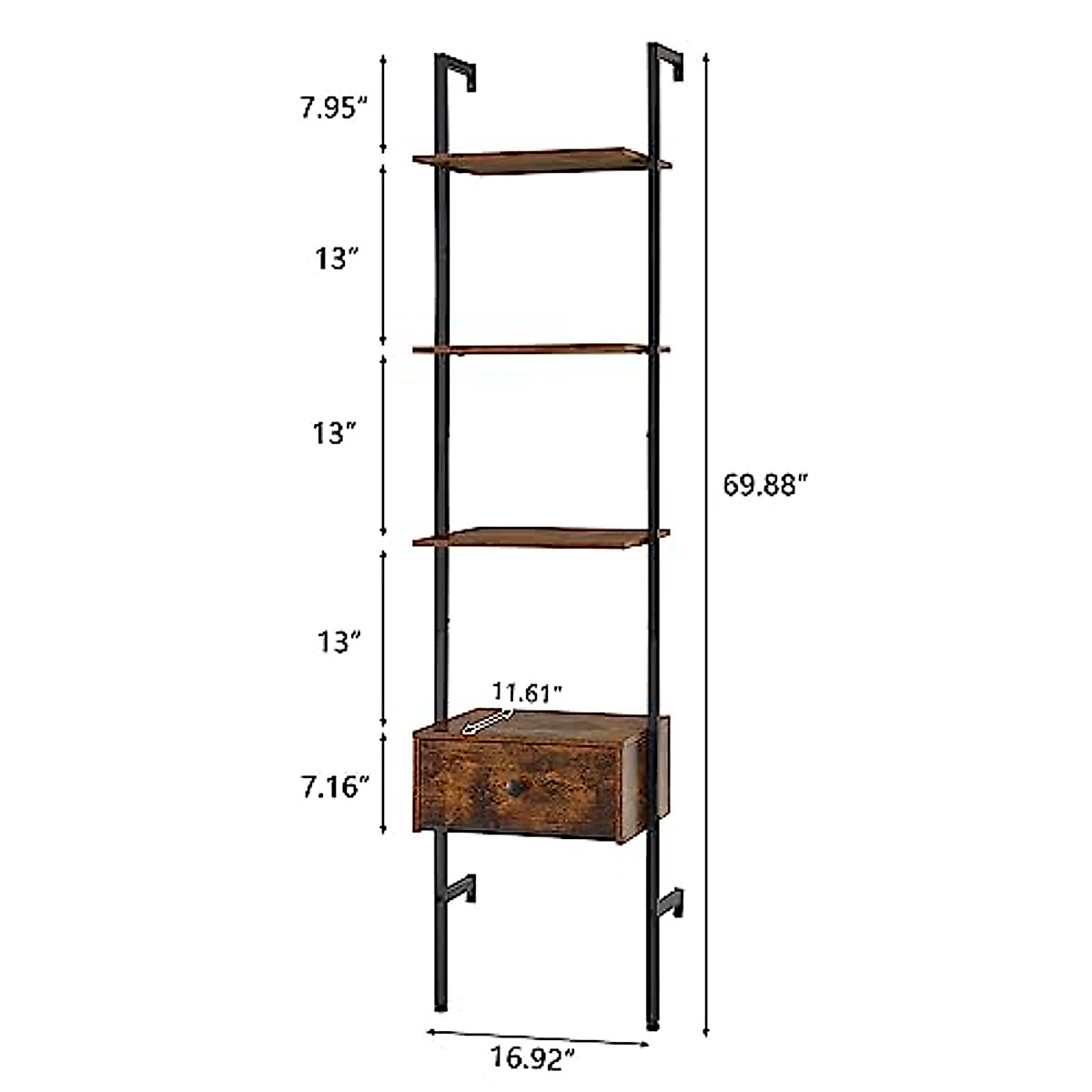 Tajsoon Ladder Shelf, Tall Bookcase with Storage Drawers, 4-Tier Wood Wall Mounted Bookshelf, Open Display Rack, Storage Shelves for Bedroom, Home Office, Collection, Plant Flower, Rustic Brown