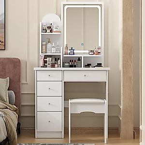 FUFU&GAGA Vanity Set with Rectangular Mirror, Makeup Vanity Dressing Table with 5 Drawers, Shelves, Dresser Desk and Cushioned Stool Set (B White/Lighted Mirror)
