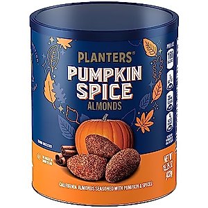 PLANTERS Fall Edition Pumpkin Spice Almonds, Pumpkin Spice Snacks, Cooking & Baking Nuts & Seeds, Flavored Almonds, Seasonal Nuts, Fall Party Snacks, Plant-Based Protein, 15.25 oz Canister