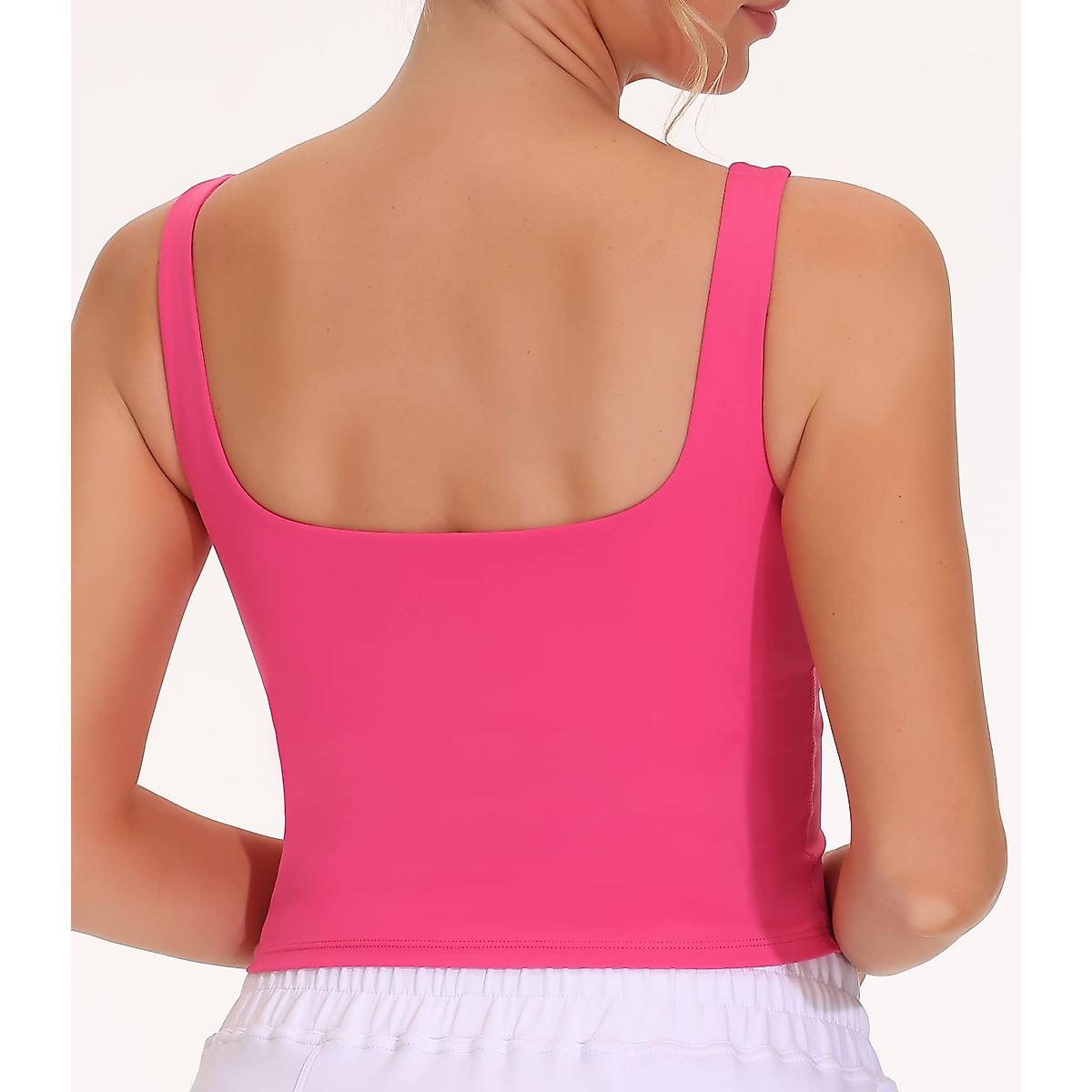THE GYM PEOPLE Women's Square Neck Longline Sports Bra Workout Removable Padded Yoga Crop Tank Tops Bright Pink