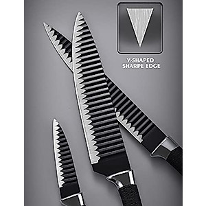GAJING 6PCS Non-stick Black Kitchen Wavy Pattern Lightweight Knife Set with Ergonomic Handle Includes Chef Knife,Carving Knife,Slicer,Paring knife,Peeler and a pair of scissors