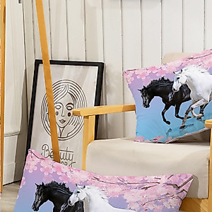 AILONEN Horse Bedding Set Twin XL Size - Galloping Black & White Horses Bed Sheet 3 Pieces Set for Kids Girls - Pink Cherry Sheet Animals Theme Fitted Sheet and 2 Pillowcases